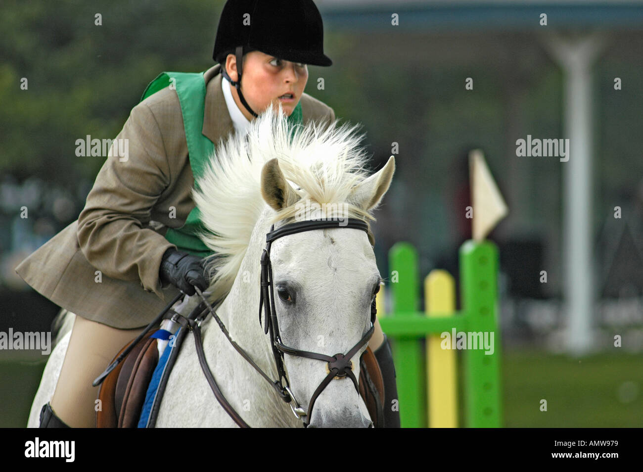 Girl riders and horses at Equestrian jumping event Stock Photo - Alamy