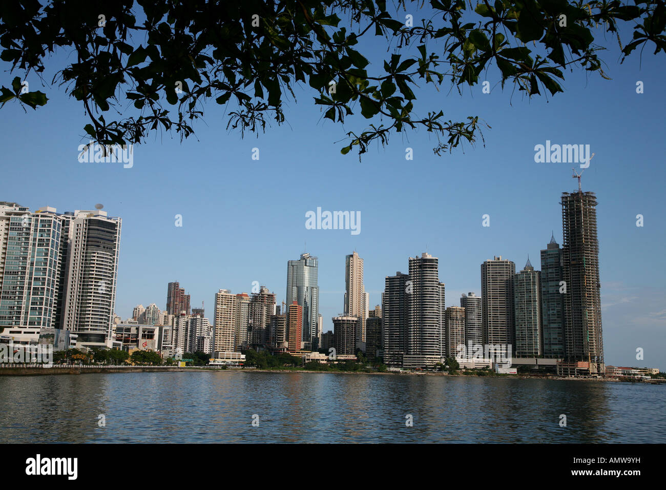 Panama skyline hi rise water central America Building reflection in ...