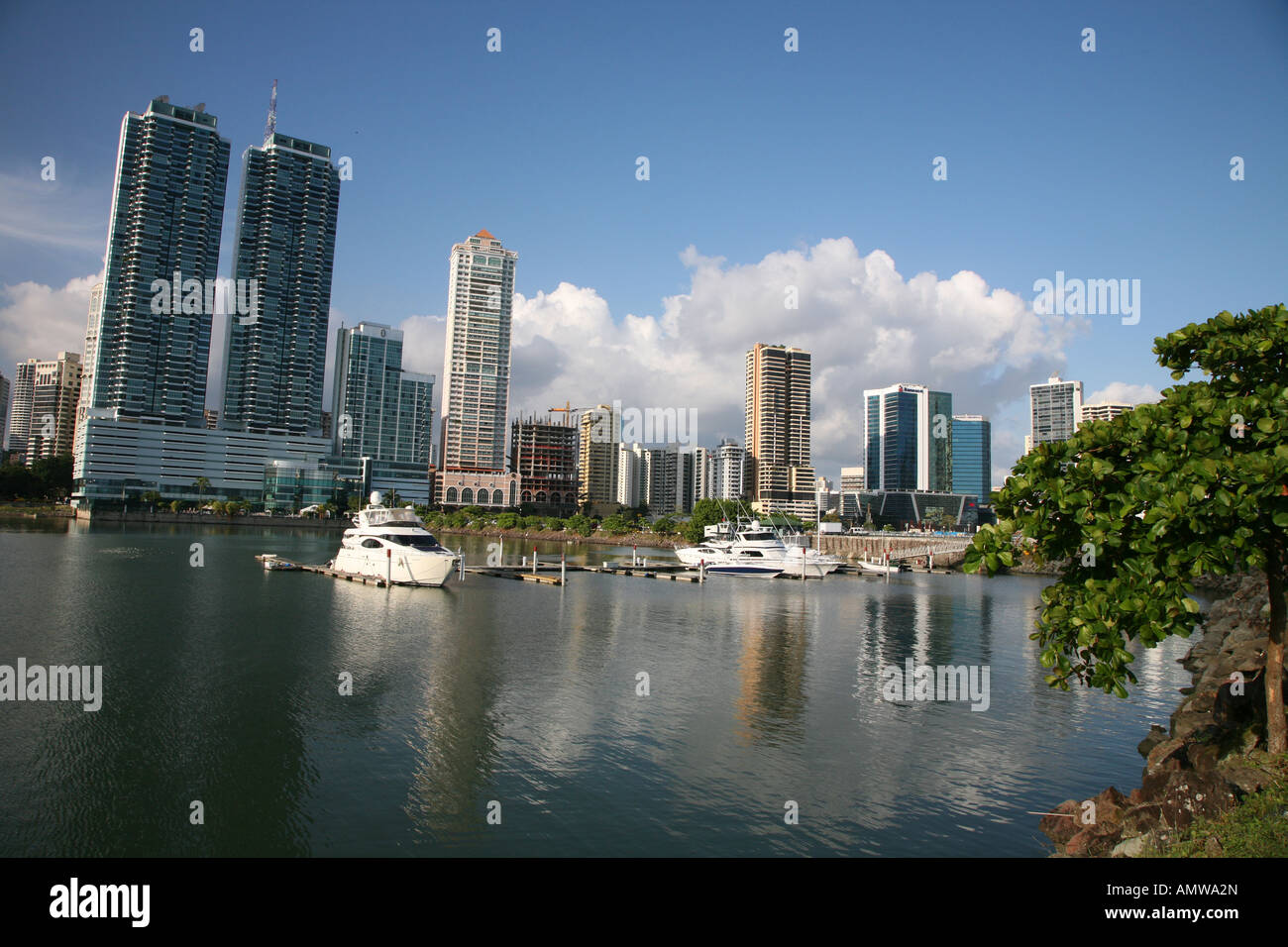 Panama skyline hi rise water central America Building reflection in ...