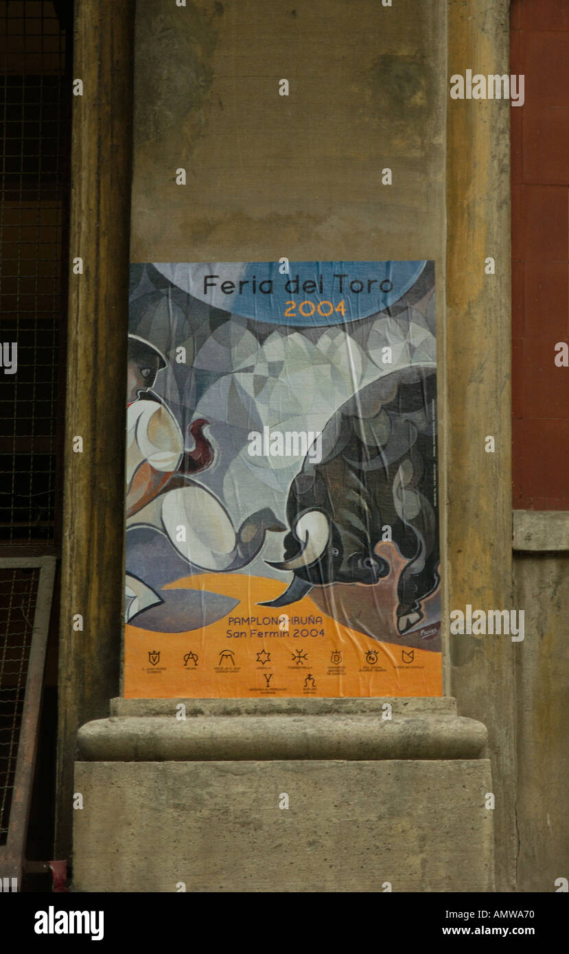 a bull fighting poster in Pamplona Spain from 2004 in a vintage style ...