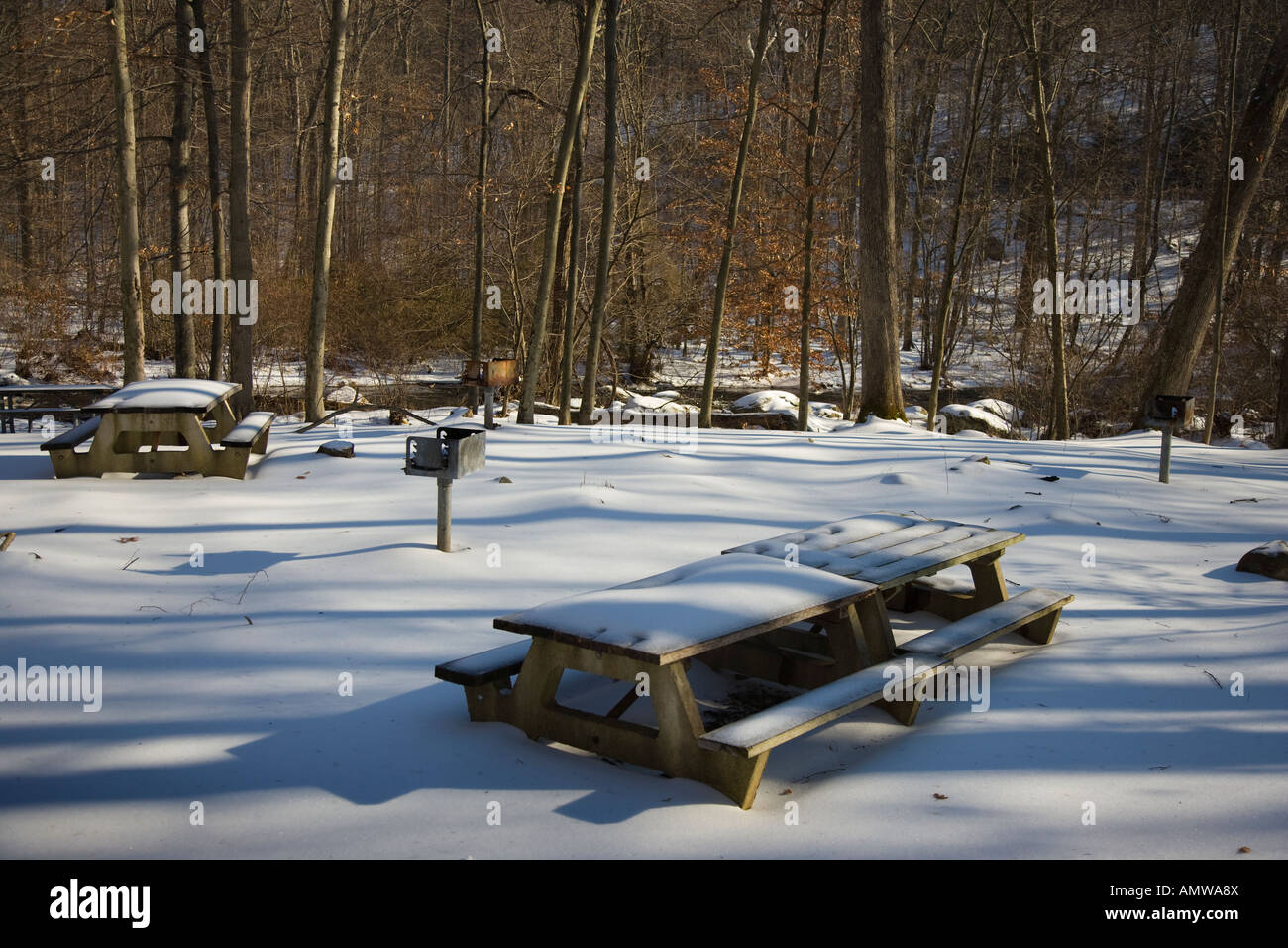 Picnic tables covered with snow Stock Photo - Alamy