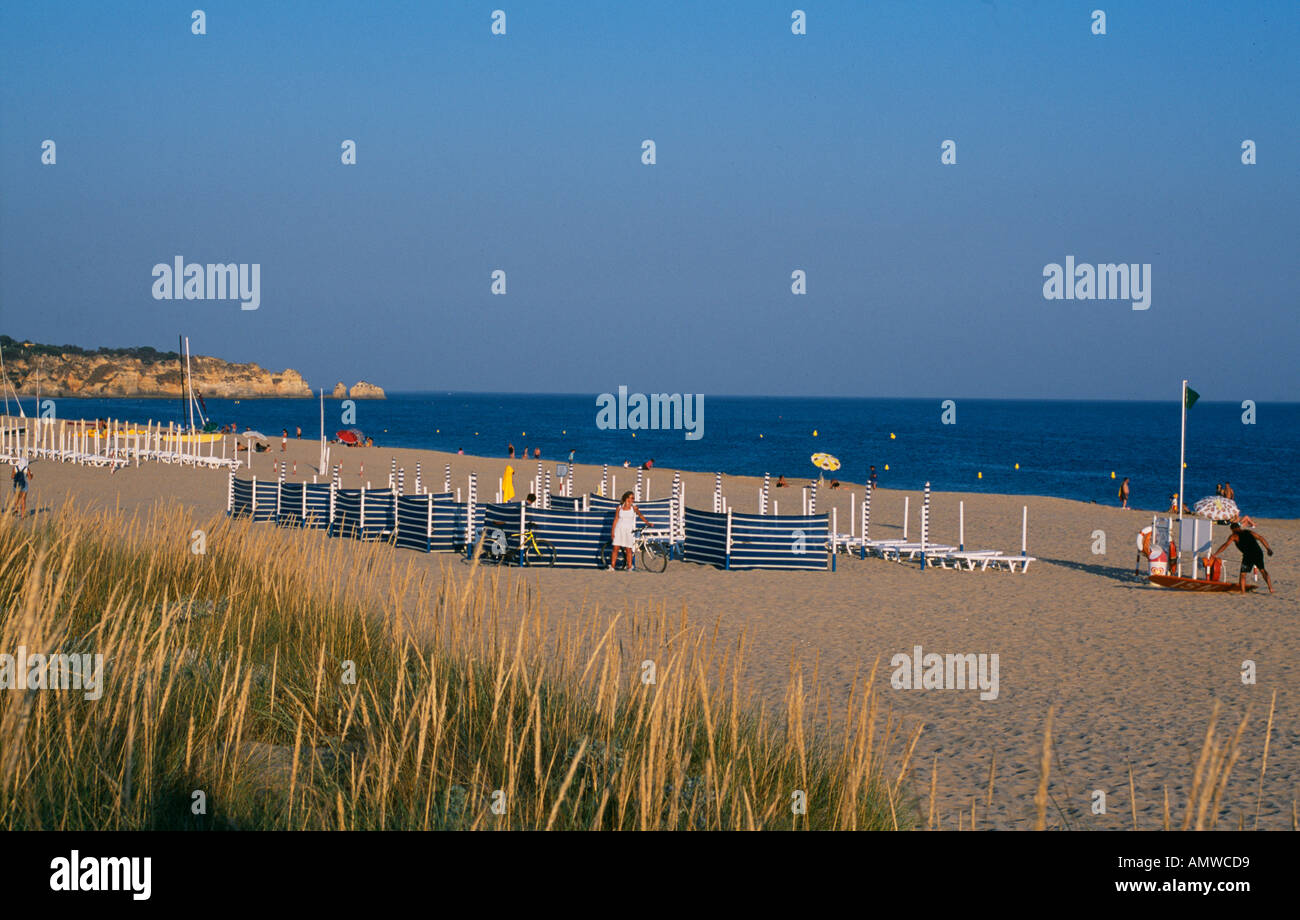 Striped windbreaks on the beach Stock Photo - Alamy