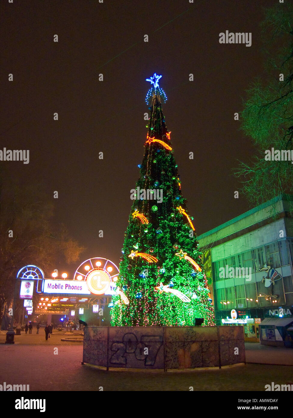 Lit Christmas tree in Almaty Kazakhstan Stock Photo - Alamy