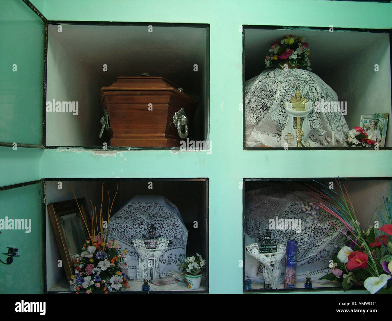 Coffins at a mausoleum at the famous catholic cemetery Asuncion ...