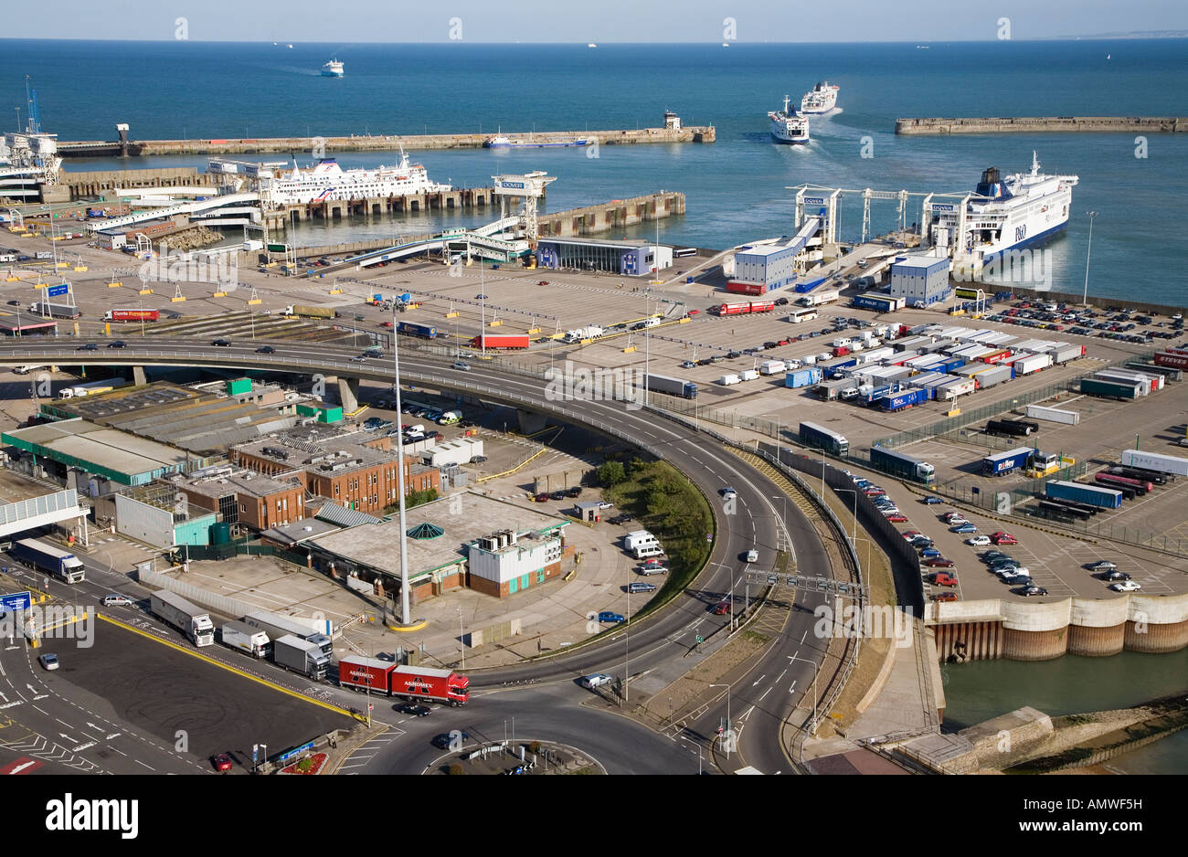 Port of Dover with shipping ferries and road transport network England ...