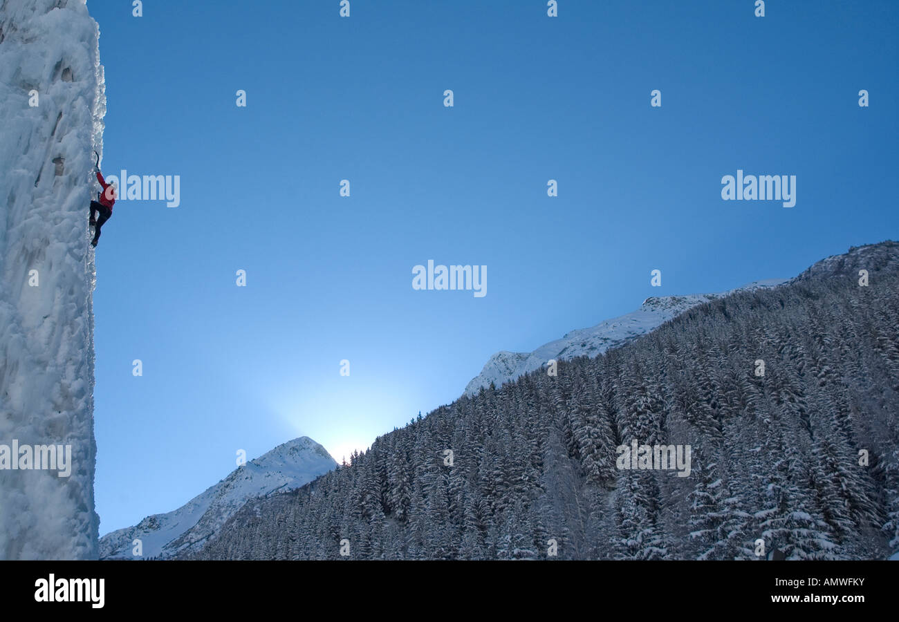 ice climber in Gorzderette ice climbing competition on ice tower at ...