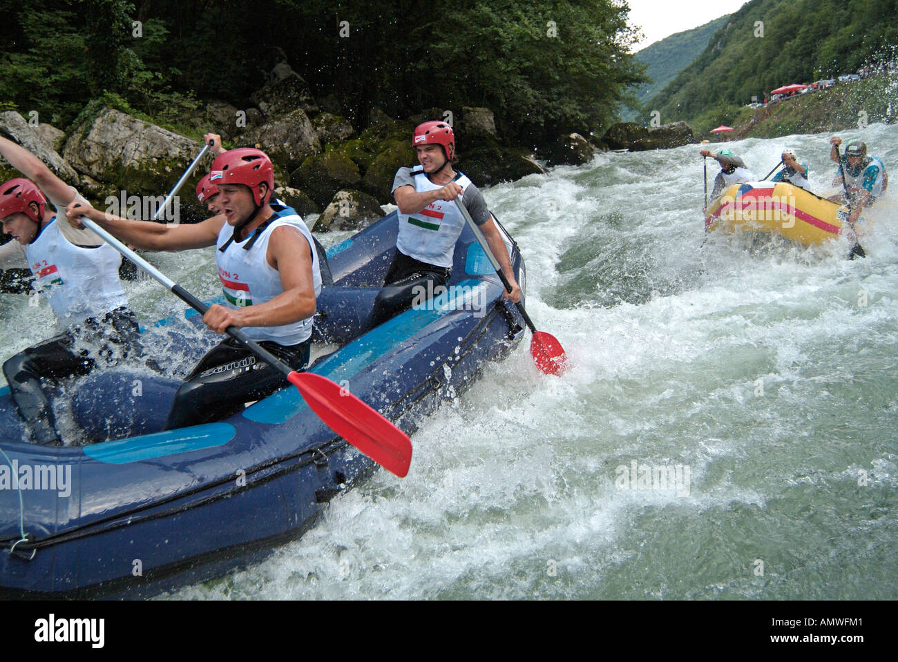 Rafting Teams Going Down the Rapids During a Head to Head raft Race ...