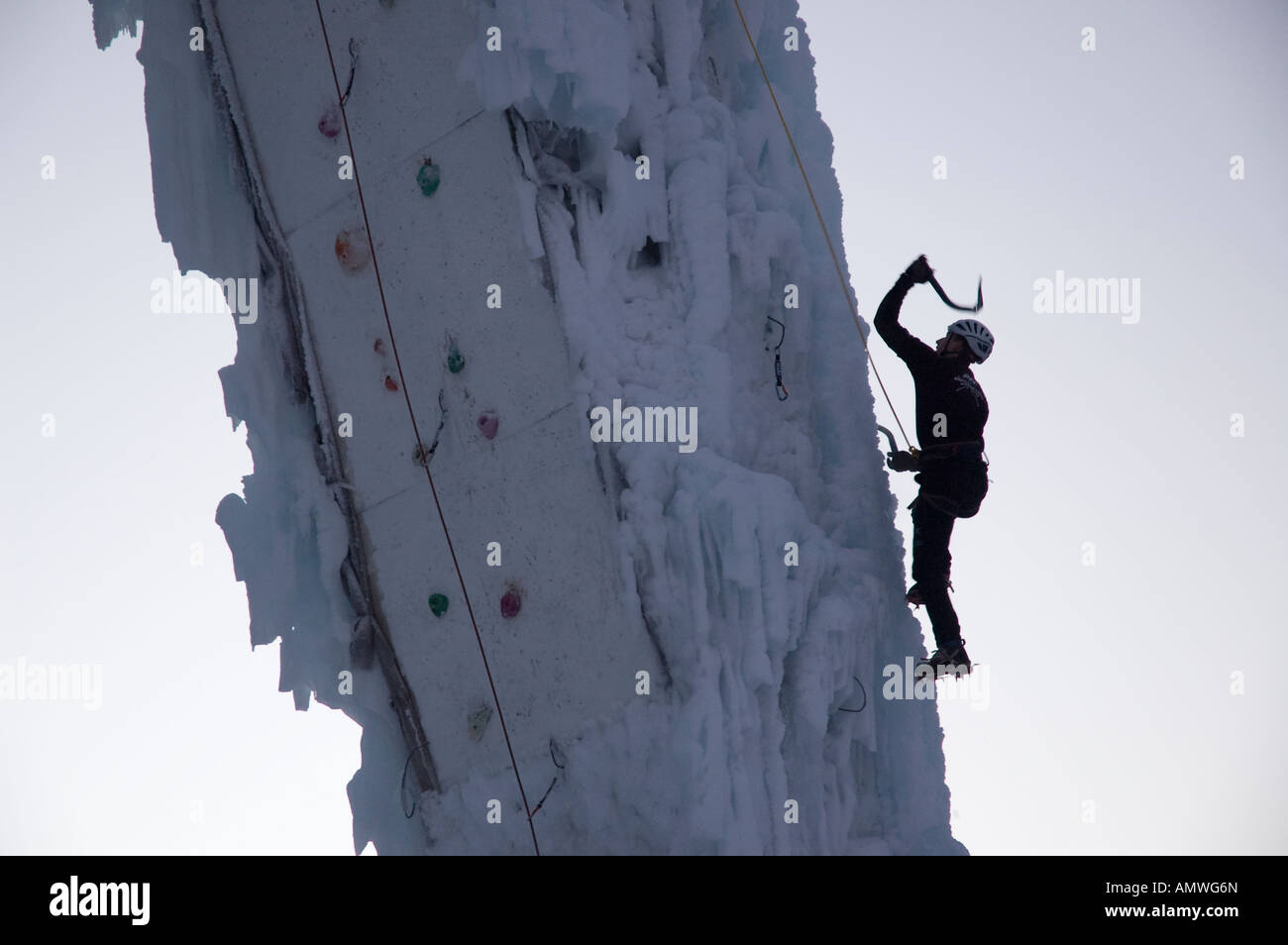 Silhouette of ice climber in Gorzderette ice climbing competition on ...