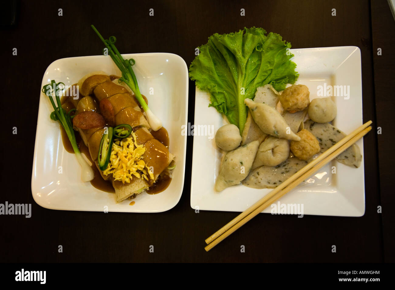 meal of spring rolls and fish balls with salad in Rayong, Thailand ...