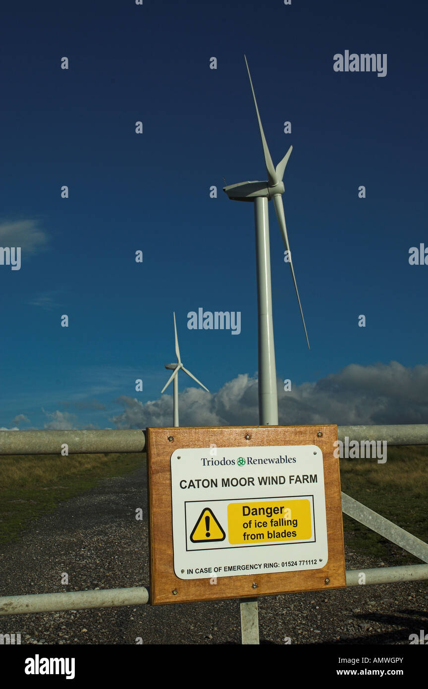 Warning sign on entrance to wind farm Lancashire England Stock Photo ...