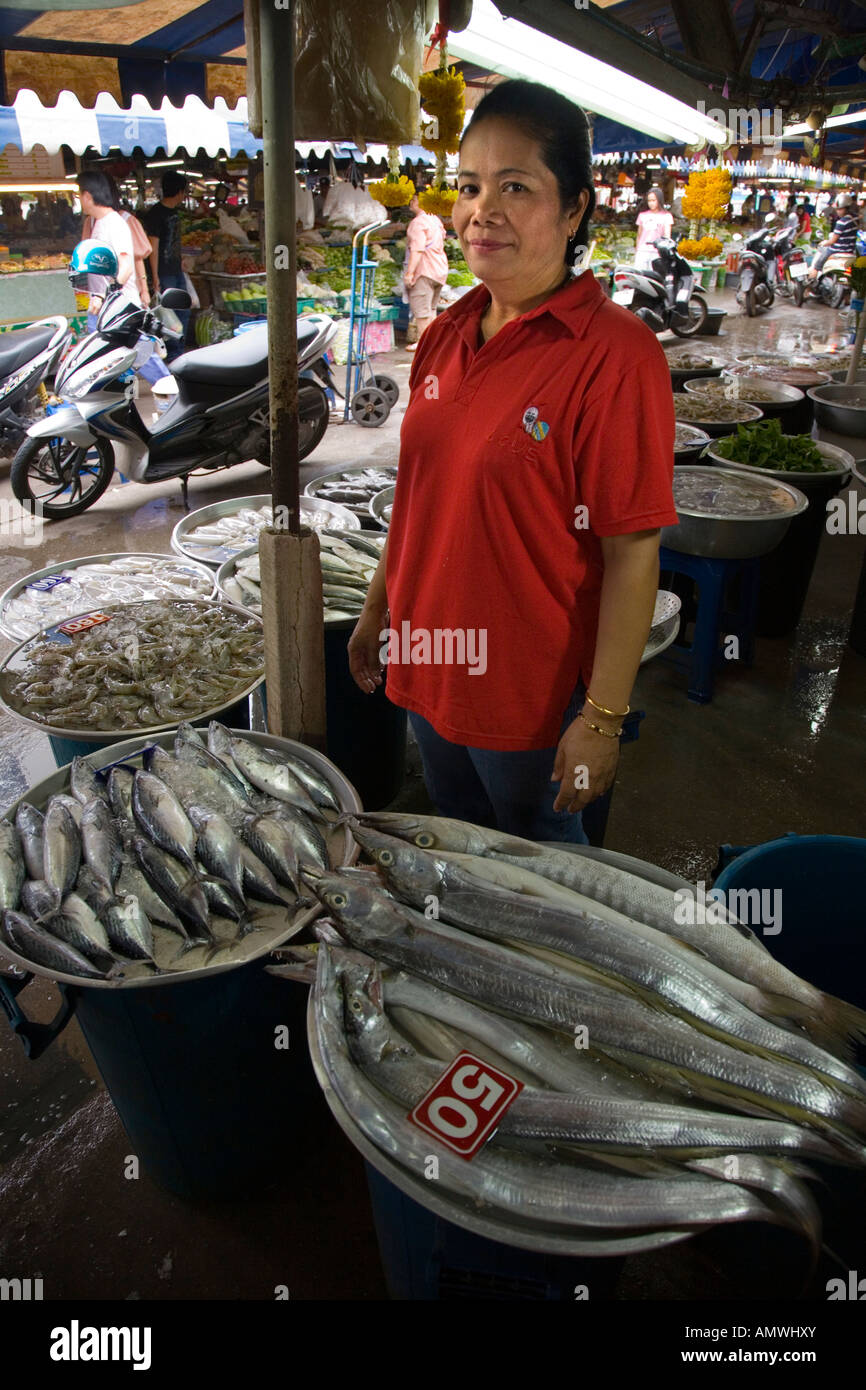 Market stall selling fresh fish in Rayong market Thailand Stock Photo ...