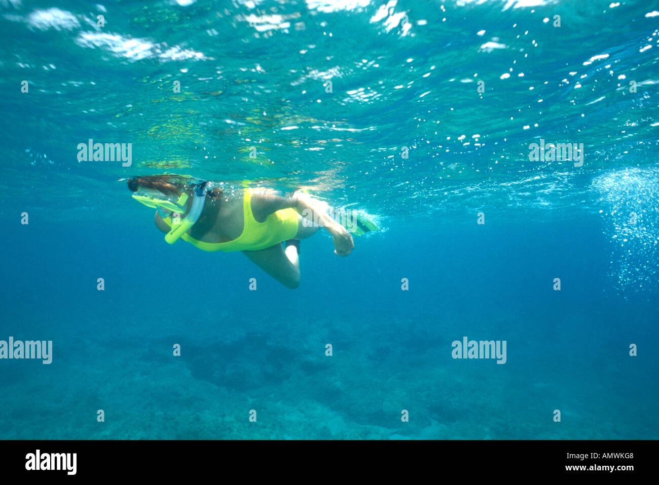 Woman snorkeling in yellow bathing suit Stock Photo - Alamy