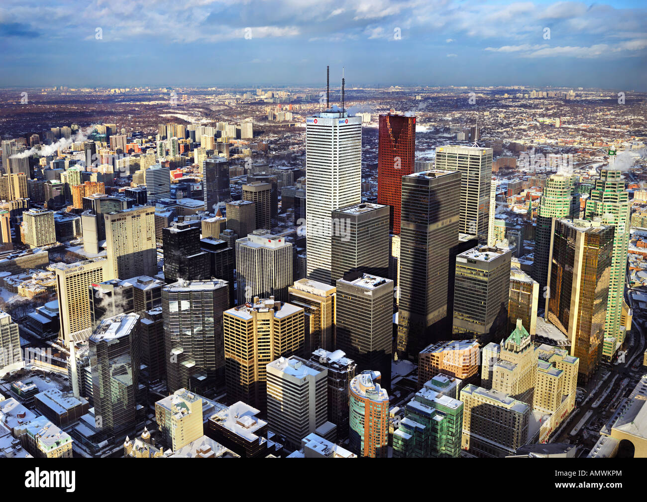 Aerial view from CN Tower on the Toronto city downtown during sunset ...