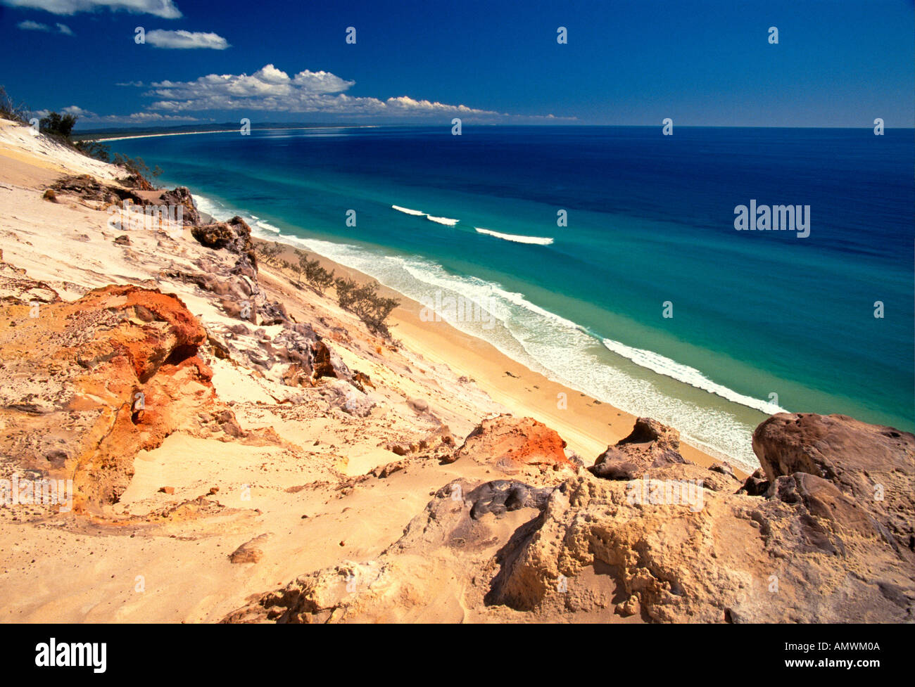 Coloured sands high views over blue ocean at Rainbow Beach, Fraser ...