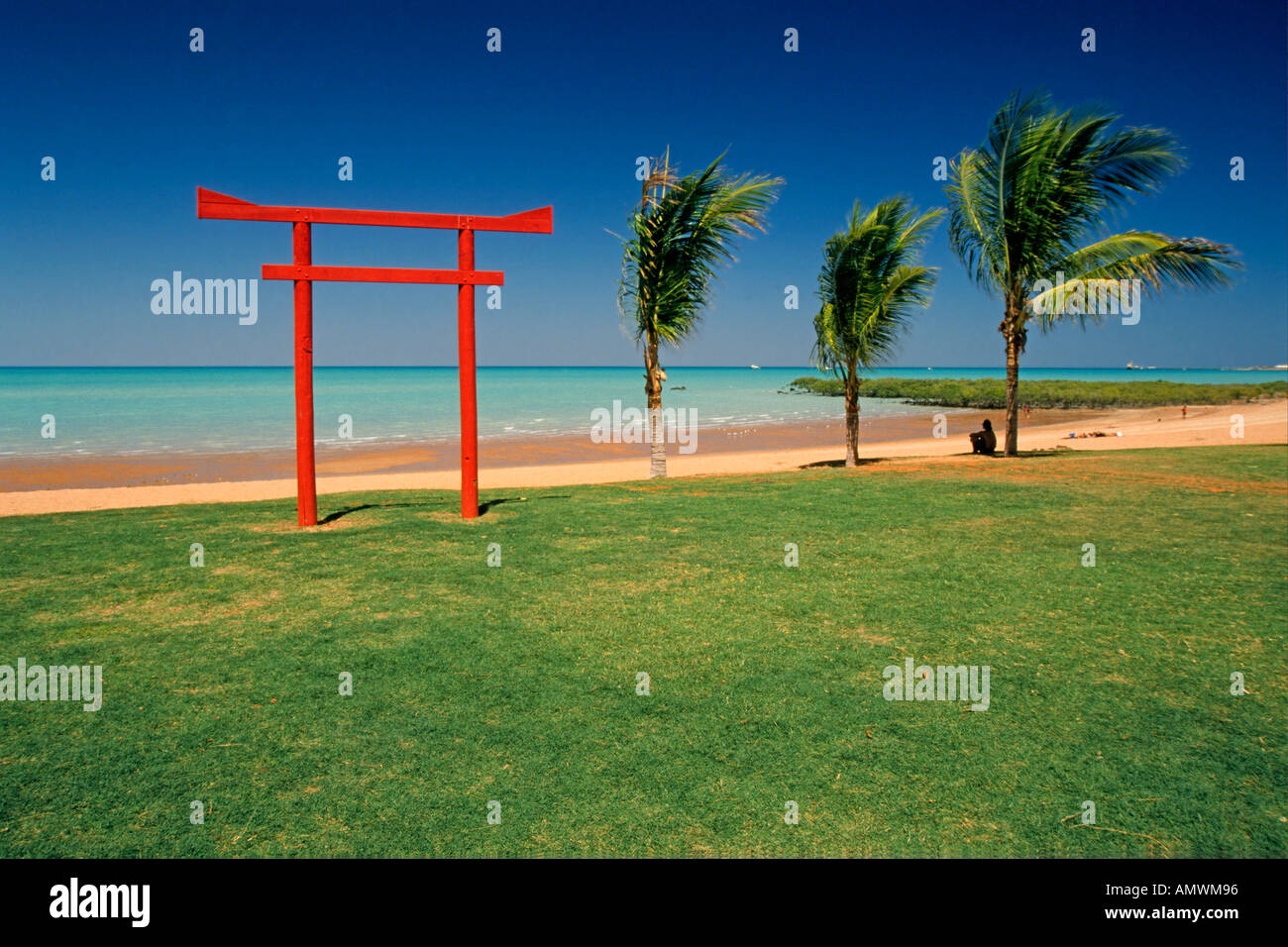 Town beach and park with palms and Chinese red gate,Broome, Western ...