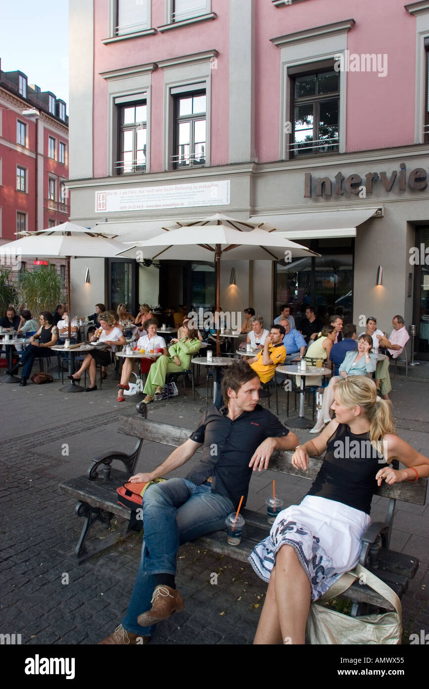 Germany Munich people sitting outside Interview cafe located at ...