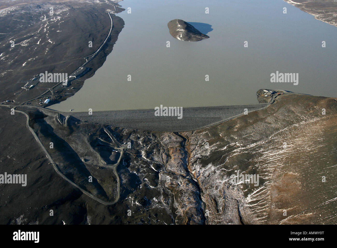 Aerial view of The Karahnjukar hydroelectric dam and reservoir in east ...