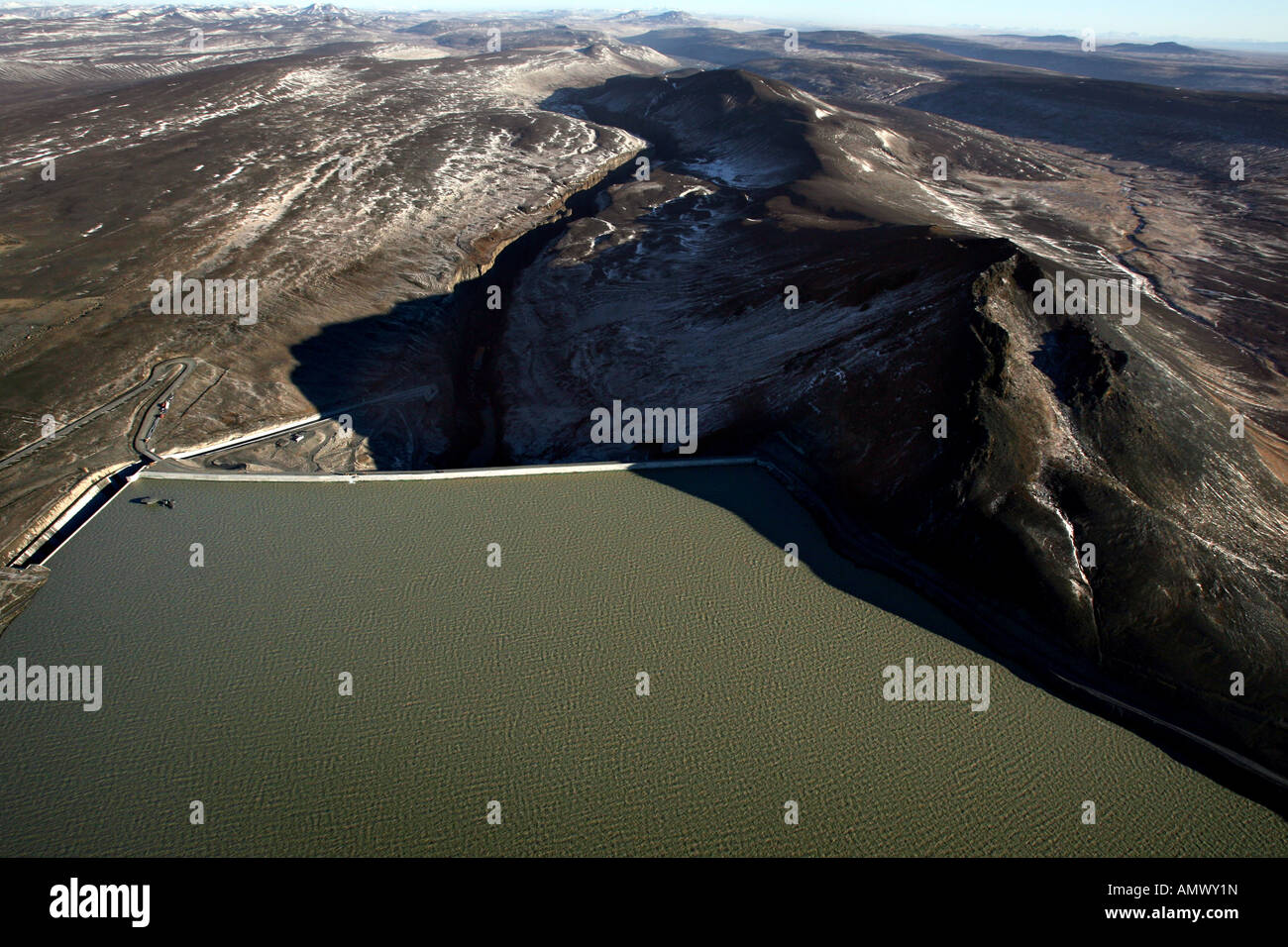 Aerial view of The Karahnjukar hydroelectric dam and reservoir in east ...
