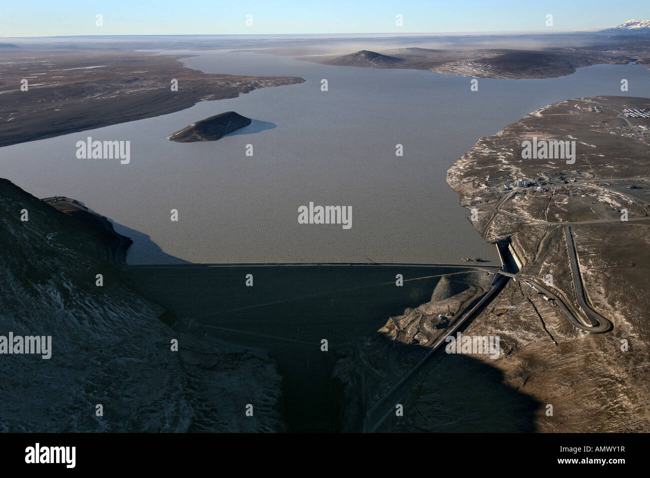 Aerial view of The Karahnjukar hydroelectric dam and reservoir in east ...