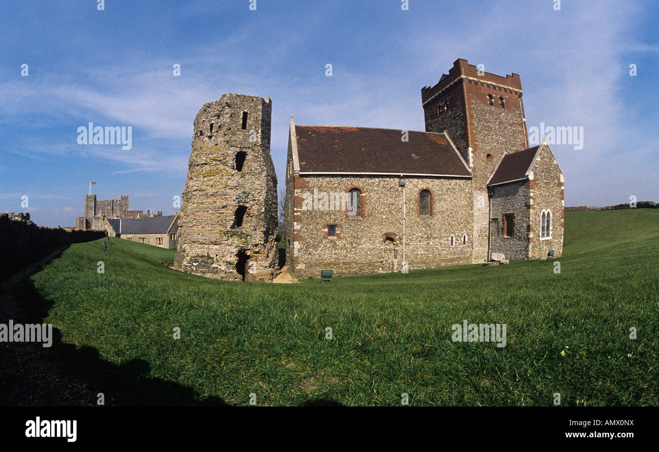 Roman lighthouse by St Mary s church with in walls of Dover Castle Kent ...