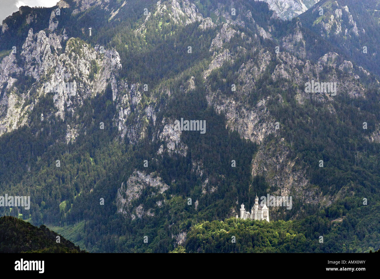 mountain range and Neuschwanstein Castle, Germany, Bavaria, Allgaeu ...