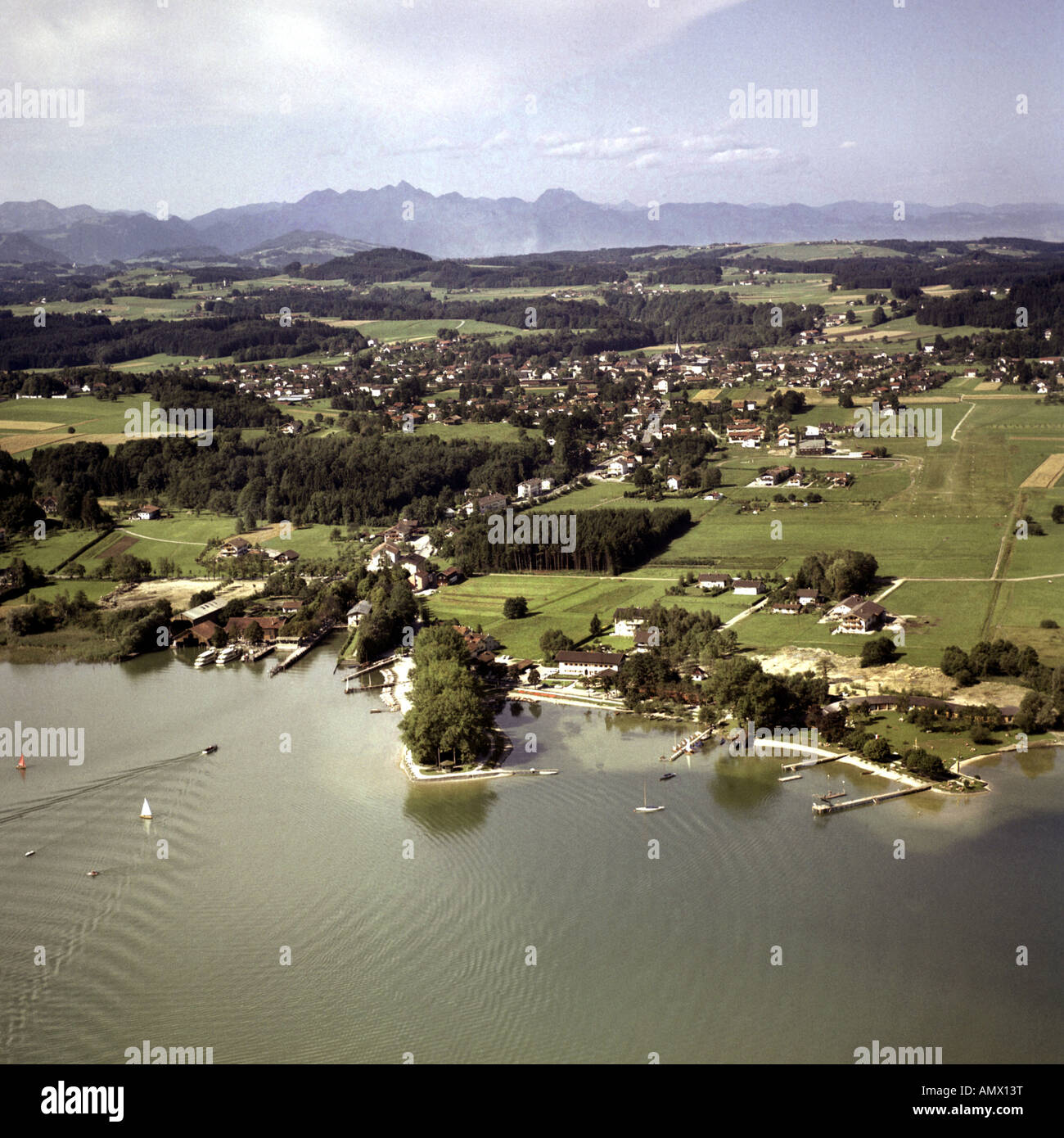 general view with spa and pier, Germany, Bavaria, Prien am Chiemsee ...