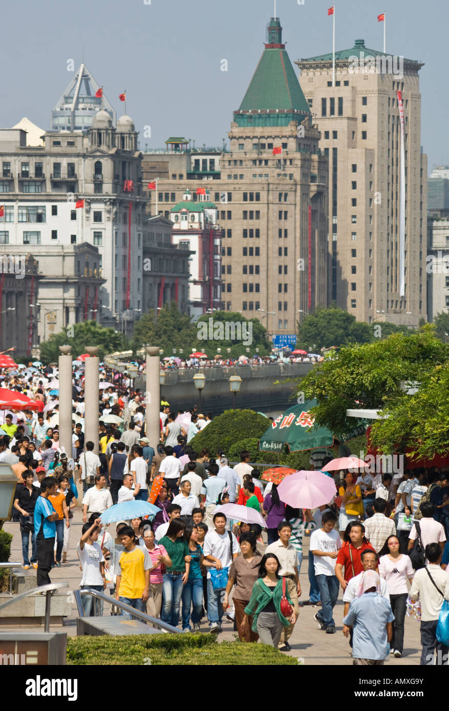 China Shanghai The Bund Waitan Elevated view with tourists crowd and ...