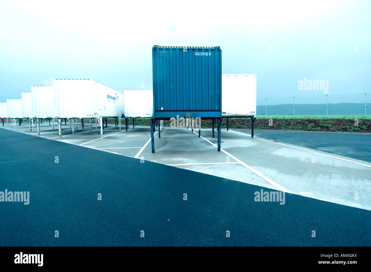 Cargo containers arranged in parking lot, Rhineland, Germany Stock ...