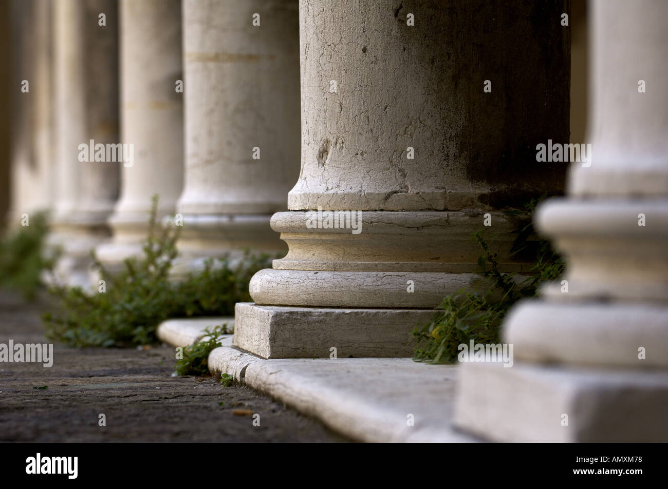 white columns made of stone with plinth pedestal Detail closeup view ...