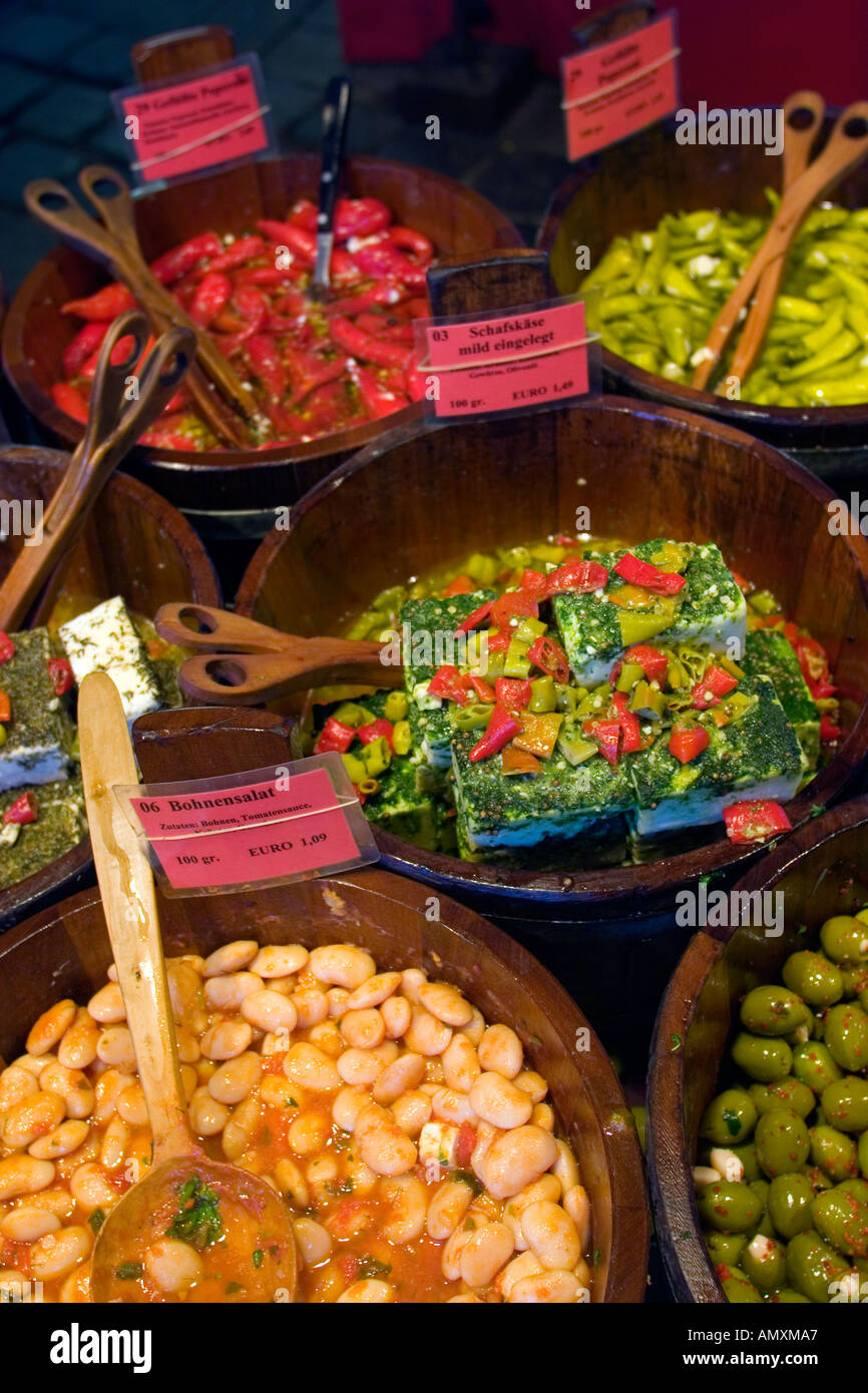 Germany Bavaria Munich different salads at a delicates food stall in ...