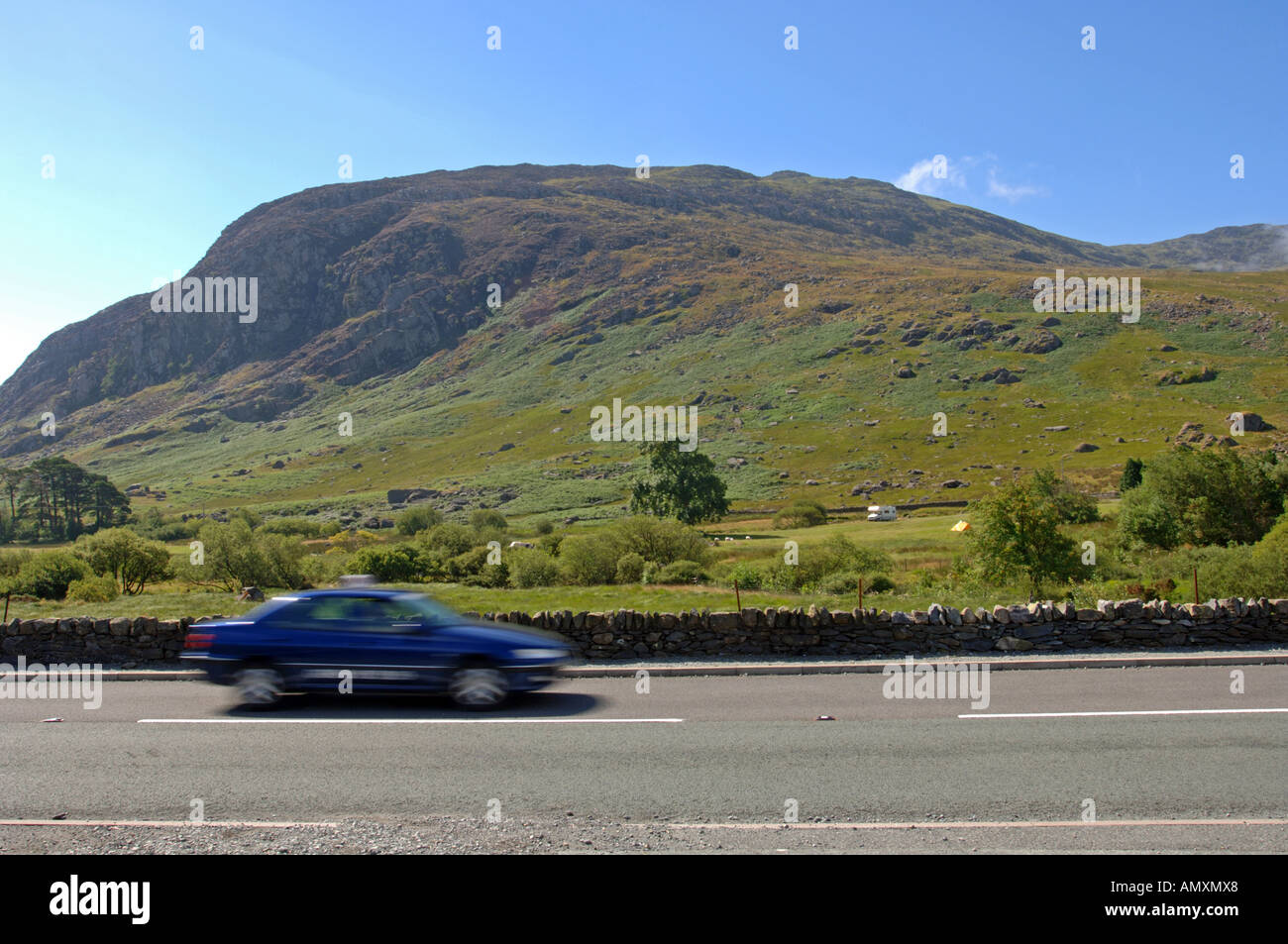 Car driving through Snowdonia National Park, Gwynedd, North West Wales ...