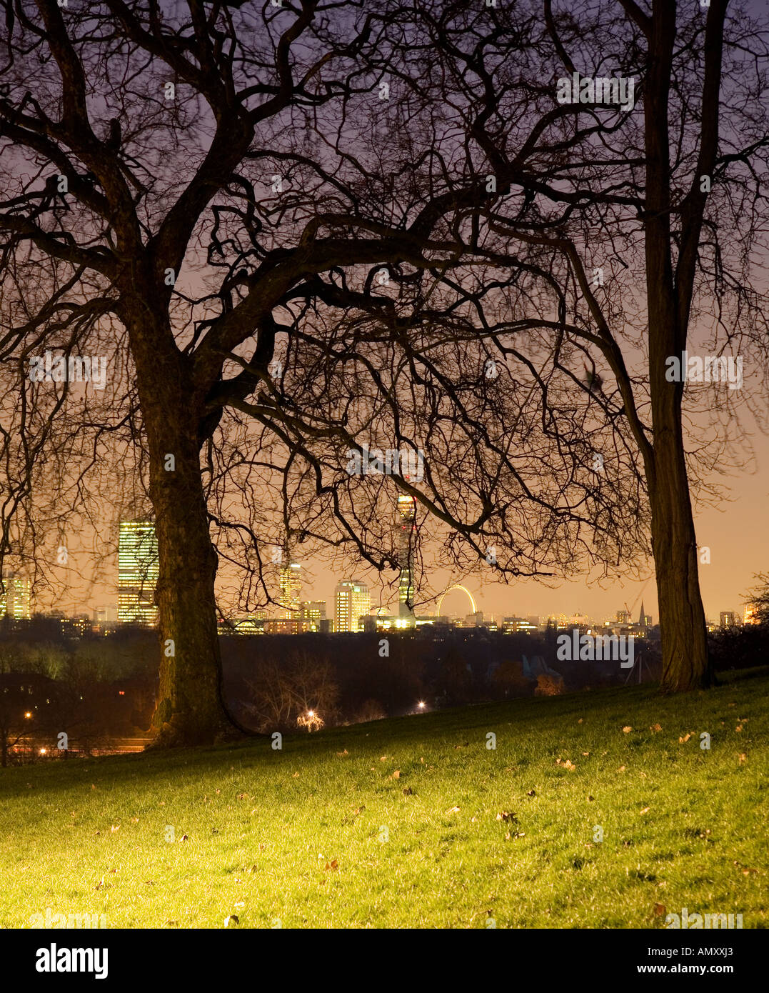 Clear sky winter twilight over London, England with Post Office Tower ...