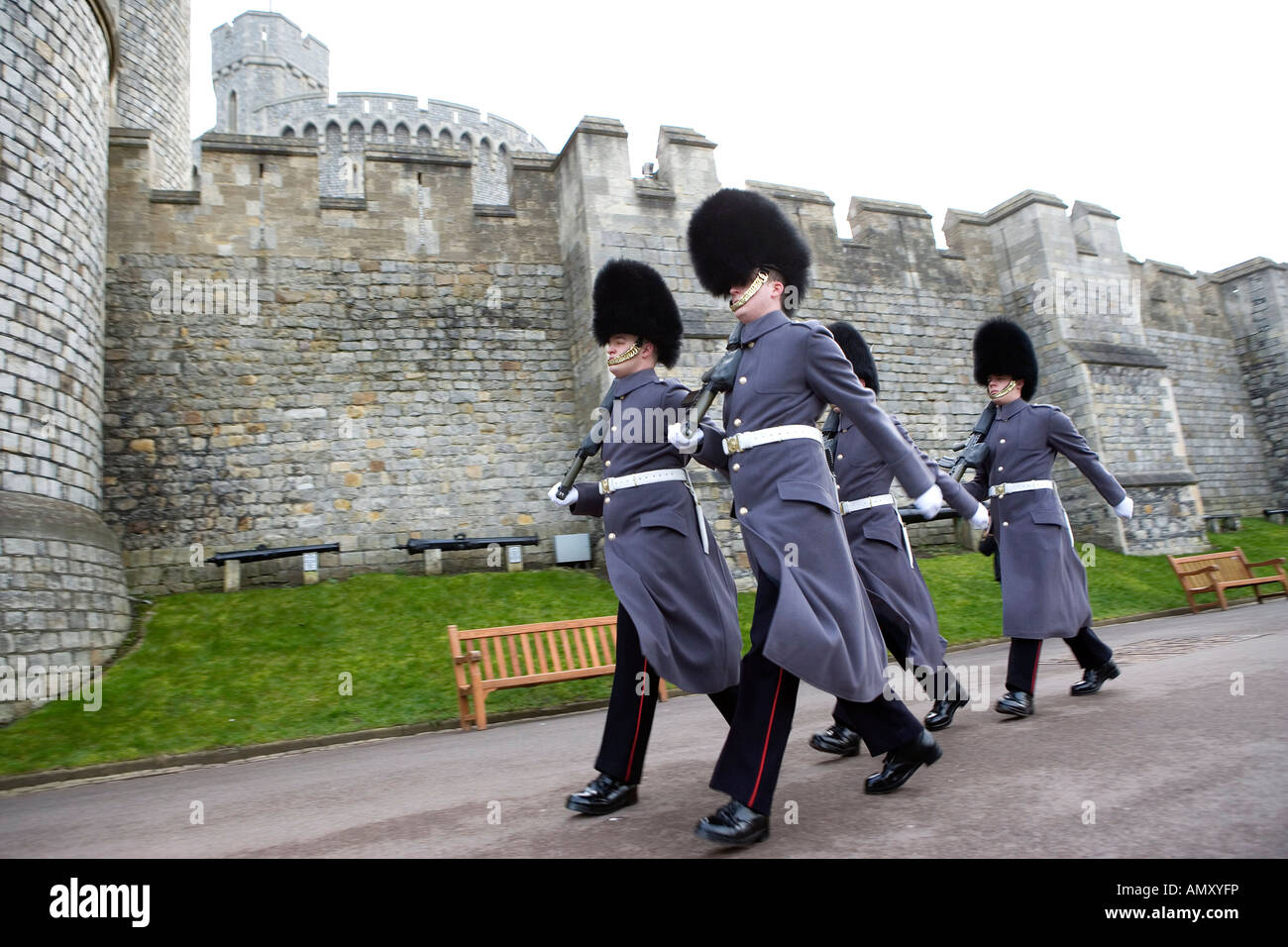 Guards marching in front of castle, Windsor Castle, Windsor, Berkshire ...