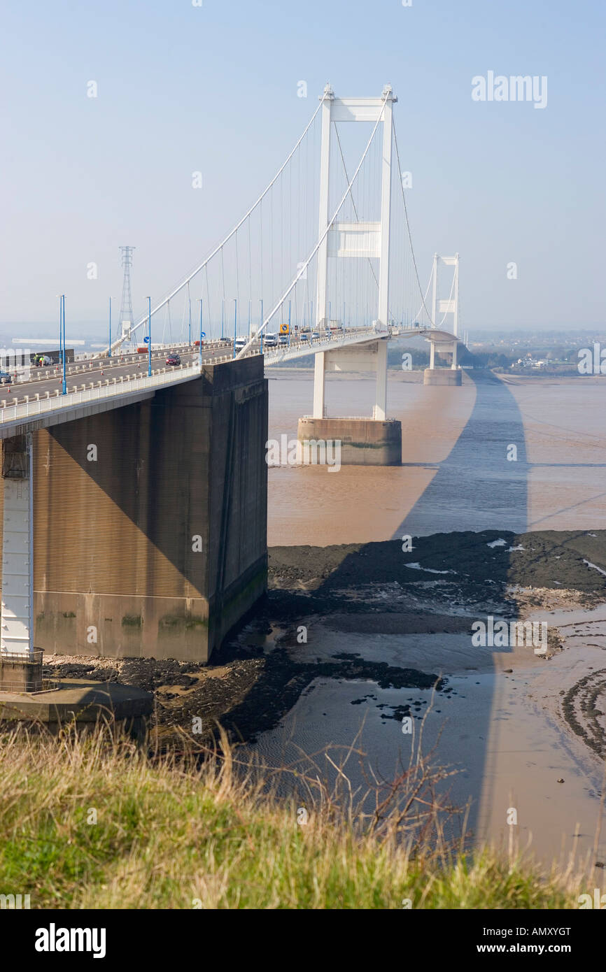 Suspension bridge across river, Severn Bridge, Bristol Channel, England ...
