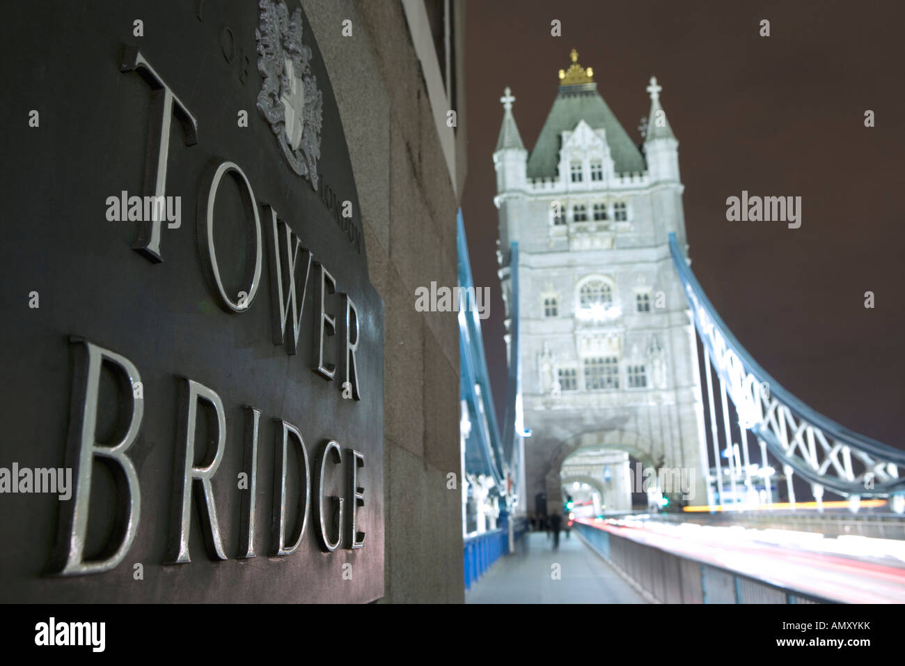 Bridge signboard on bridge at night, Tower Bridge, London, England ...
