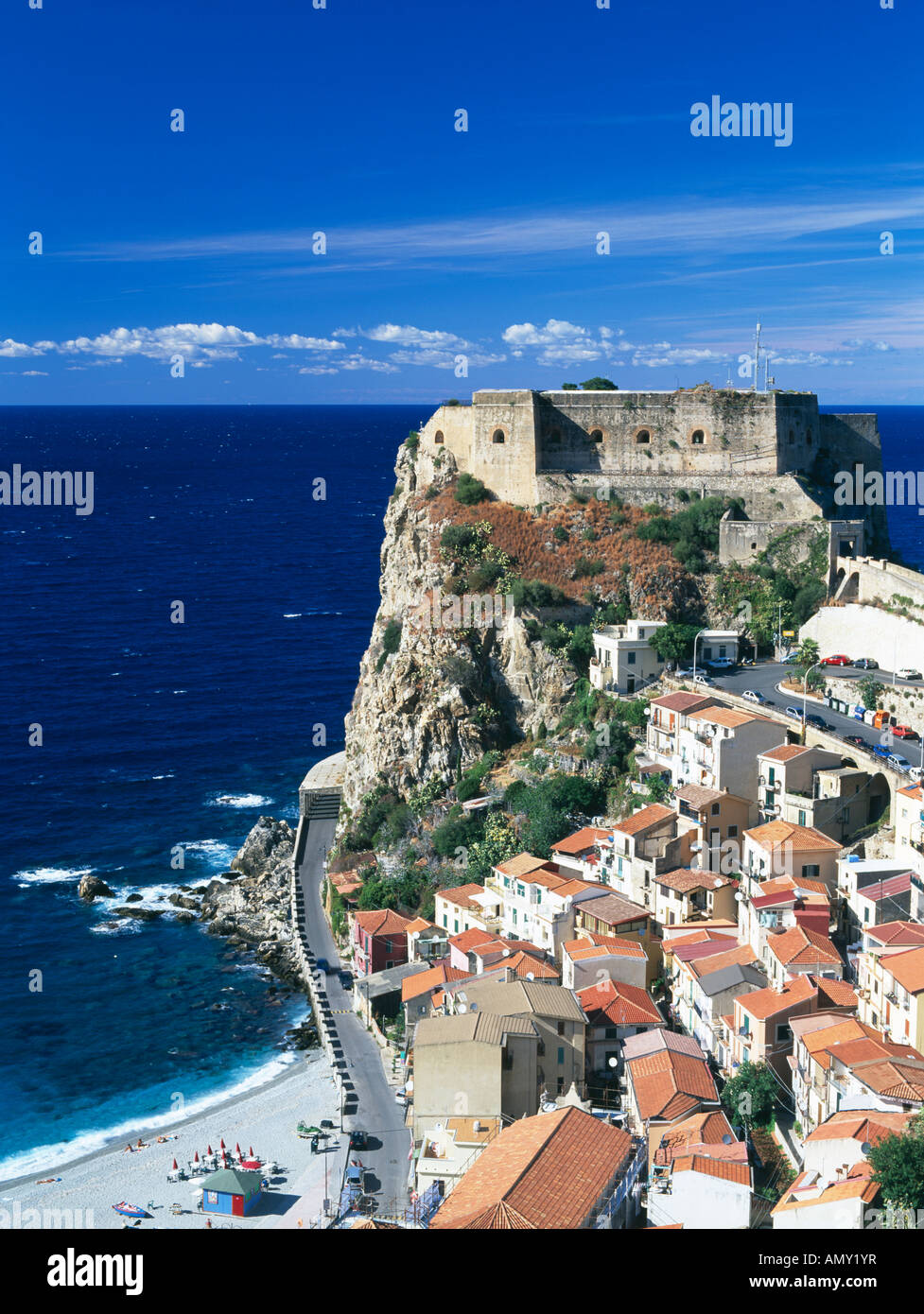 View of town with Castello Ruffo Scilla Calabria Italy Stock Photo - Alamy