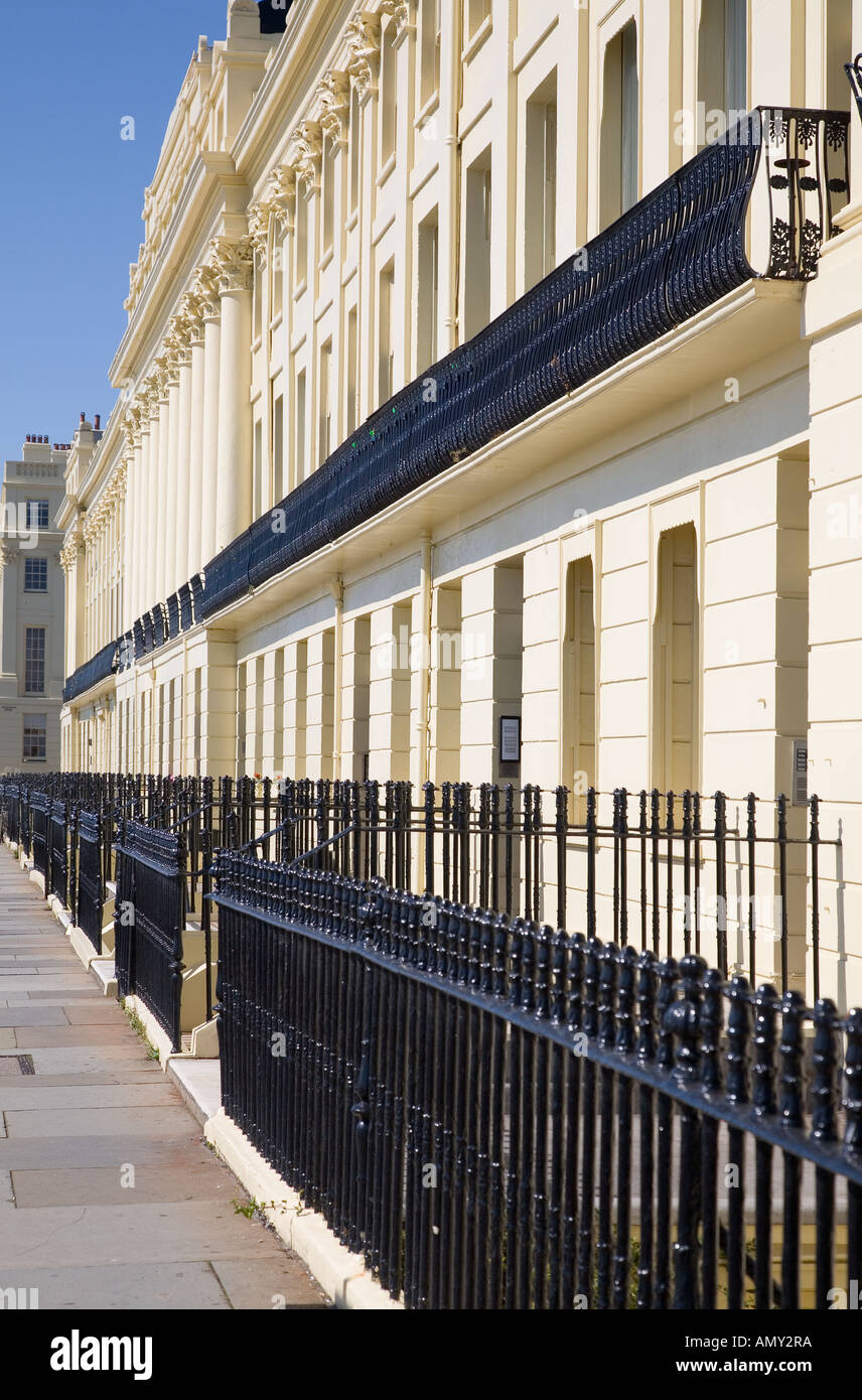 Oblique view of Brunswick Terrace, Hove, UK, showing railings and ...