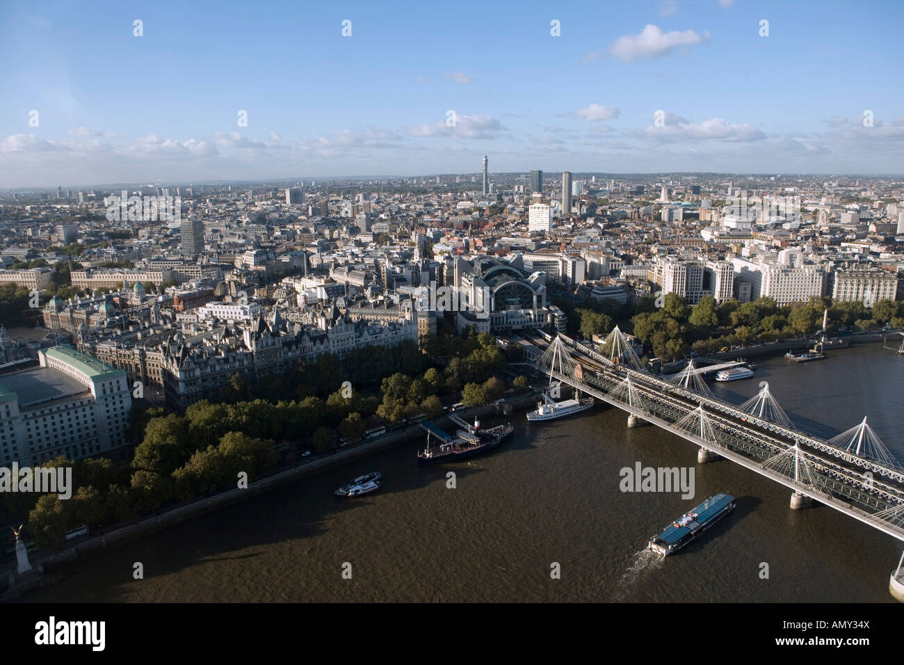 Aerial view of bridge across river, Hungerford Bridge, Thames River ...