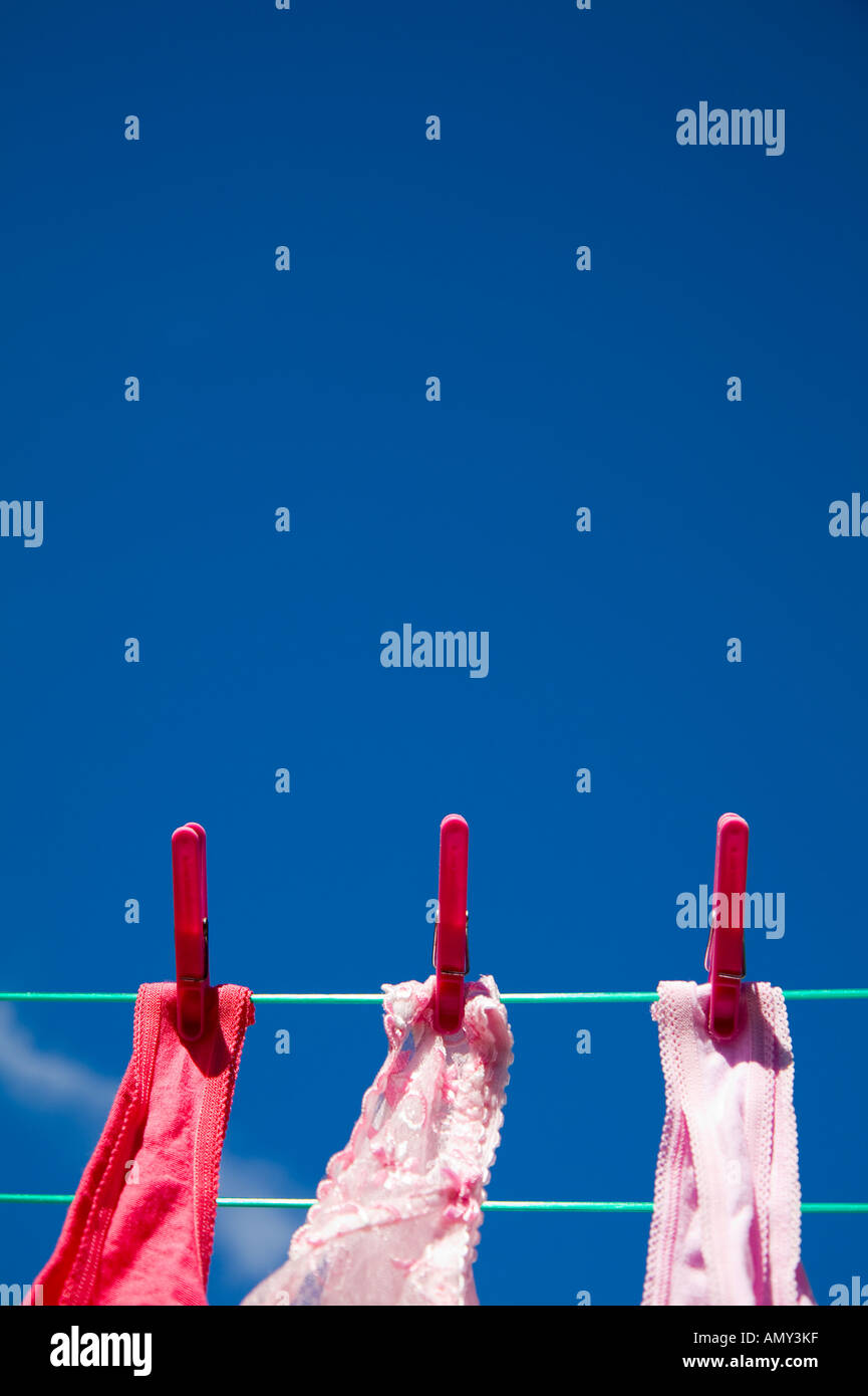 green washing line in summer with pink pants and red pegs against a ...