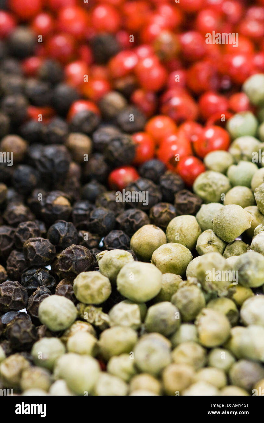 white, red and black pepper, close-up Stock Photo - Alamy