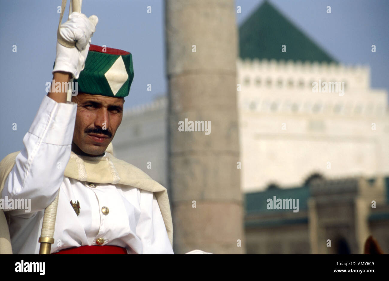 Mounted ceremonial guard outside the mausoleum of Hassan II and ...