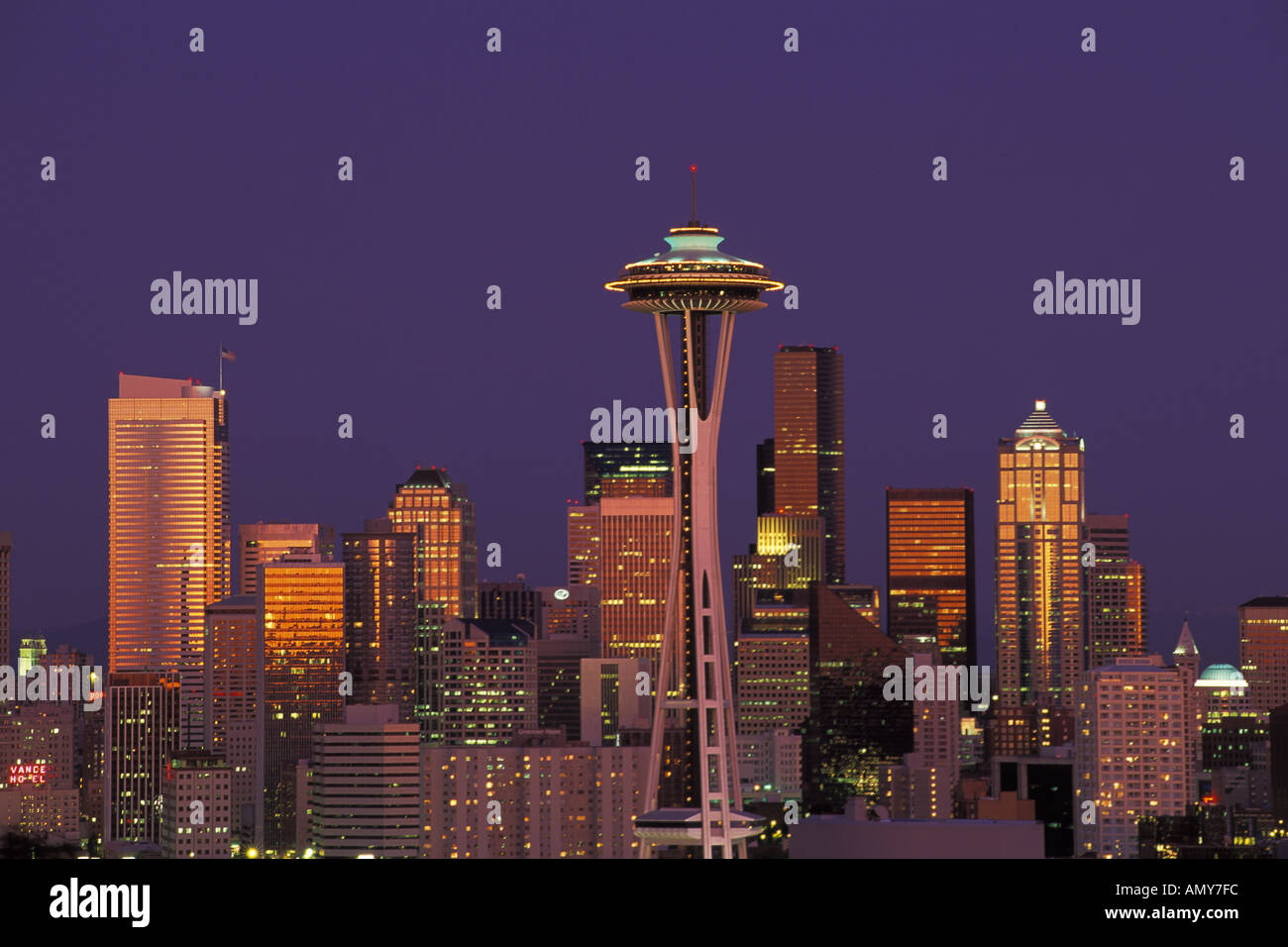 Seattle Washington Downtown Skyline Business Core Glass Buildings Glow ...