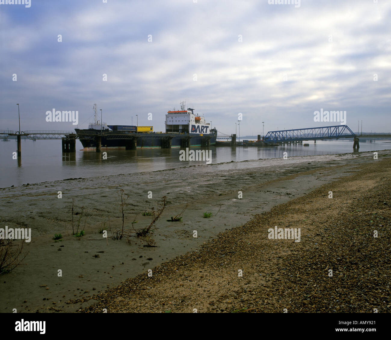 Container ship docked on the Thames river estuary, Kent, United Kingdom ...