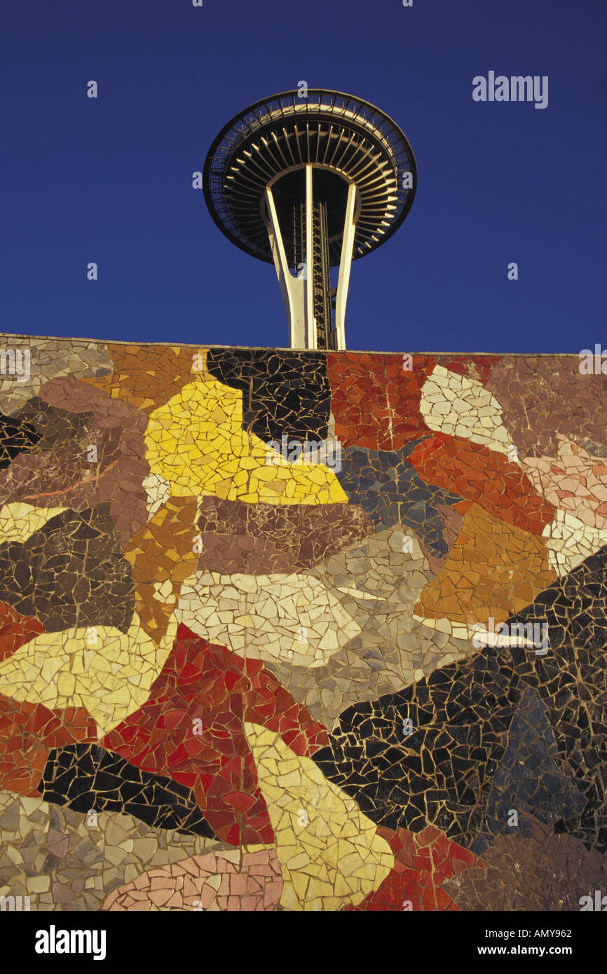 Seattle Space Needle and colorful mosaic tile wall of the Mural ...