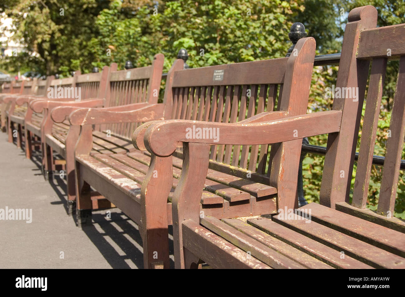 Row of wooden benches South Bay Scarborough North Yorkshire England UK ...