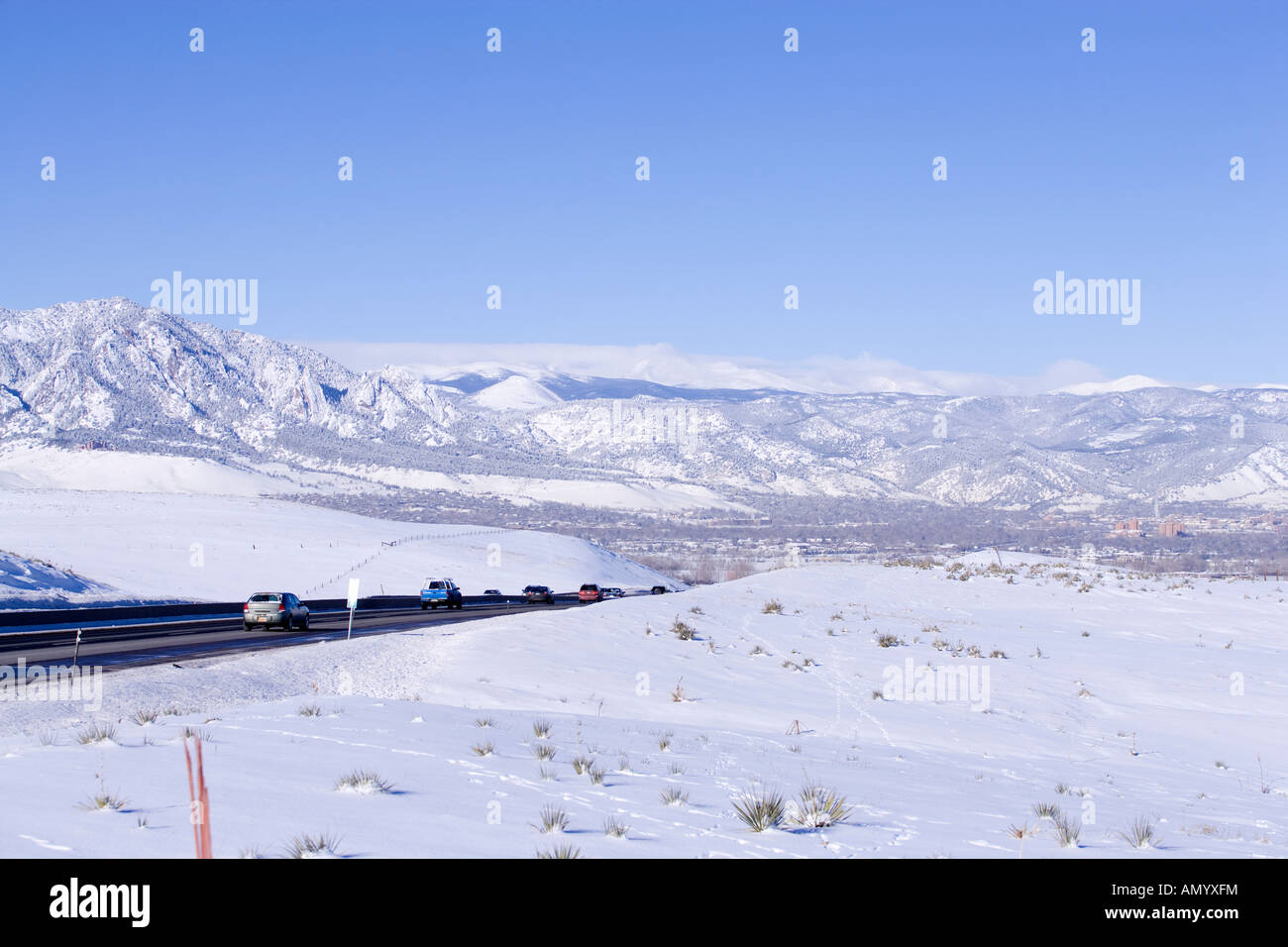 Highway 36 in Colorado leading into the town of Boulder in Winter Stock ...