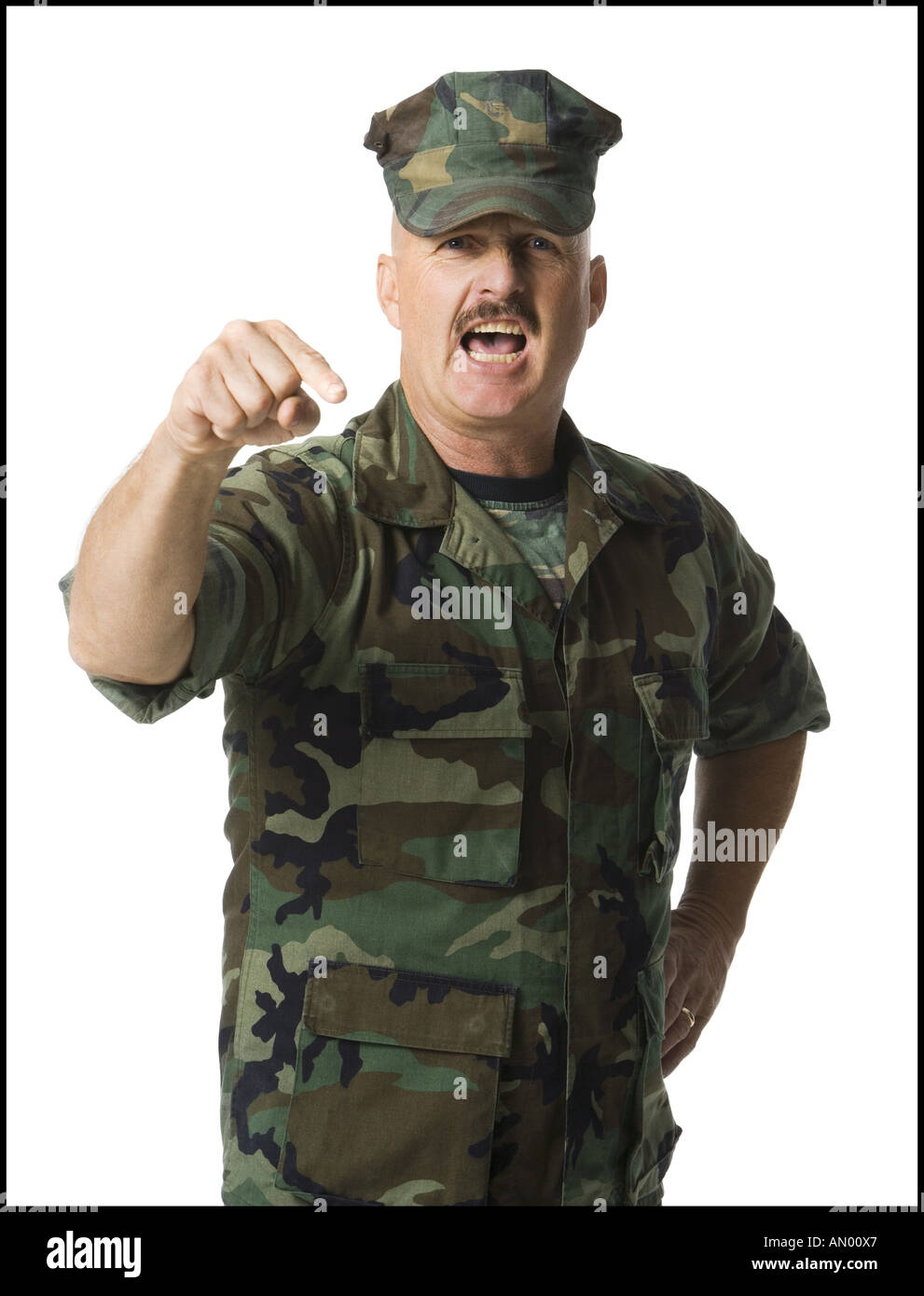 Portrait of a male soldier shouting and gesturing with his finger Stock ...