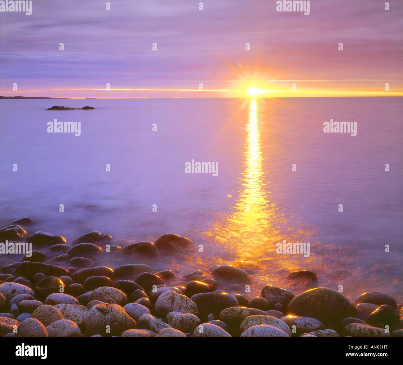 USA, Maine, Acadia National Park, Sunrise on fog and shore rocks on the ...