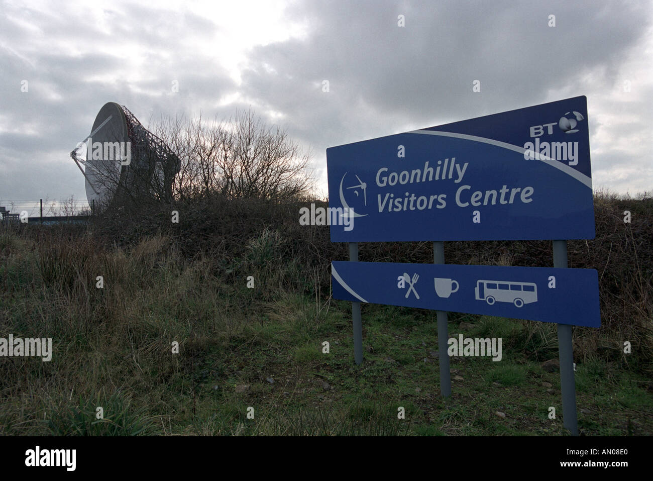 Satellite dish and sign at Goonhilly in Cornwall England UK Stock Photo ...