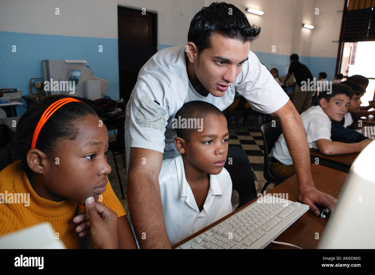 White male teacher in classroom at Carlos J Finlay secondary school ...